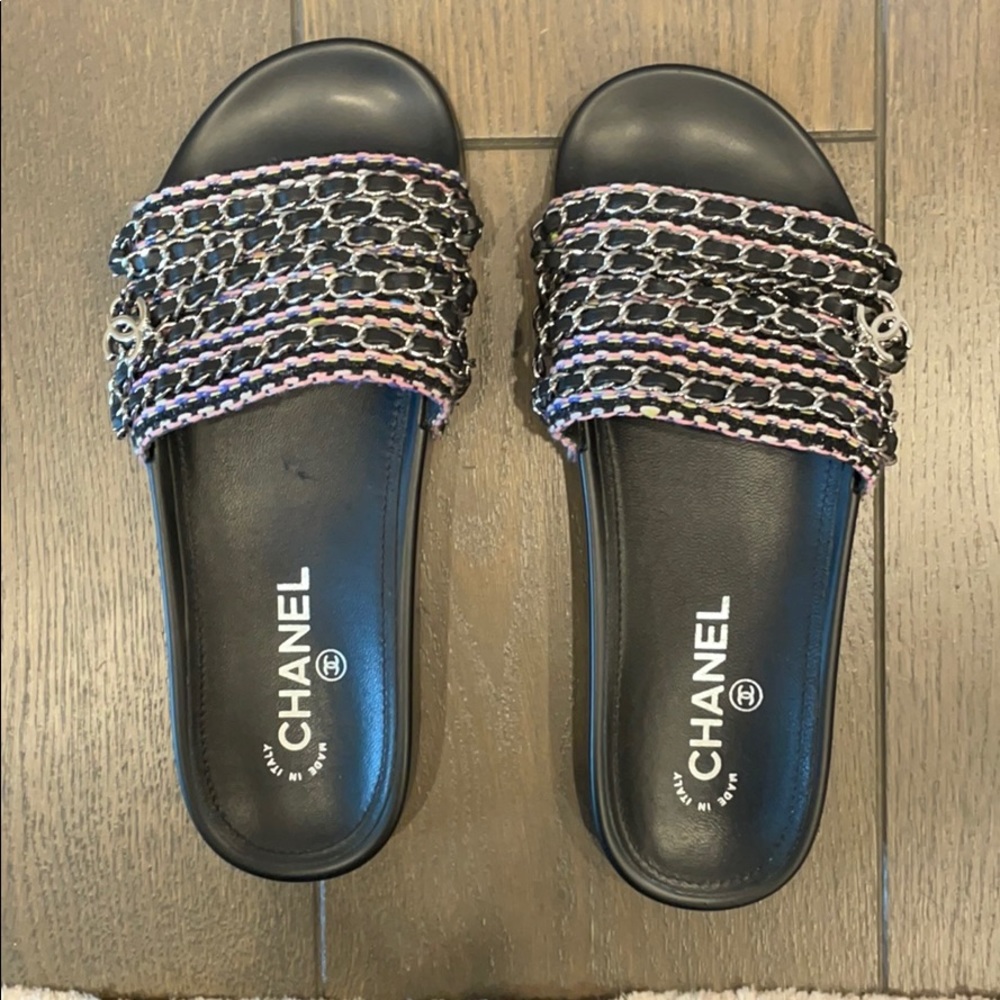Authentic Chanel Logo Chain/Tweed Slides - Gem